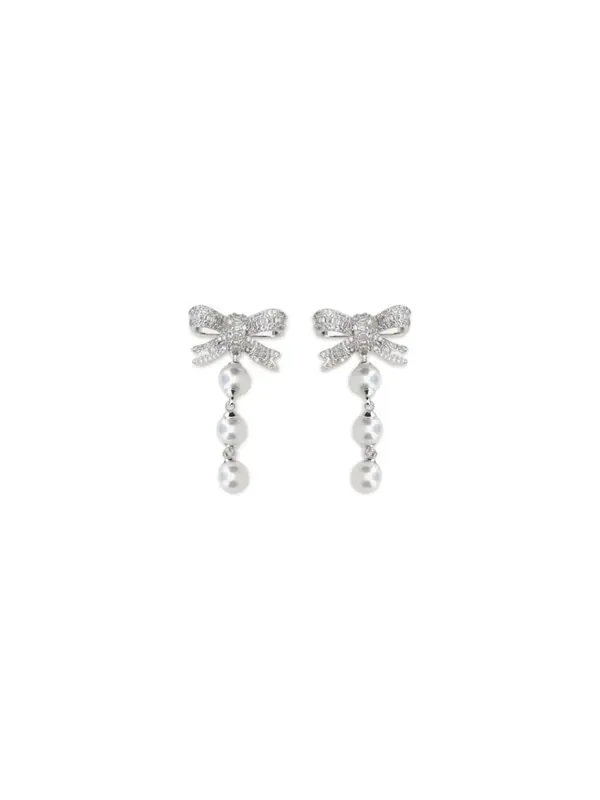 SELF-PORTRAIT Crystal Bow And Pearl Drop Earrings - Silver
