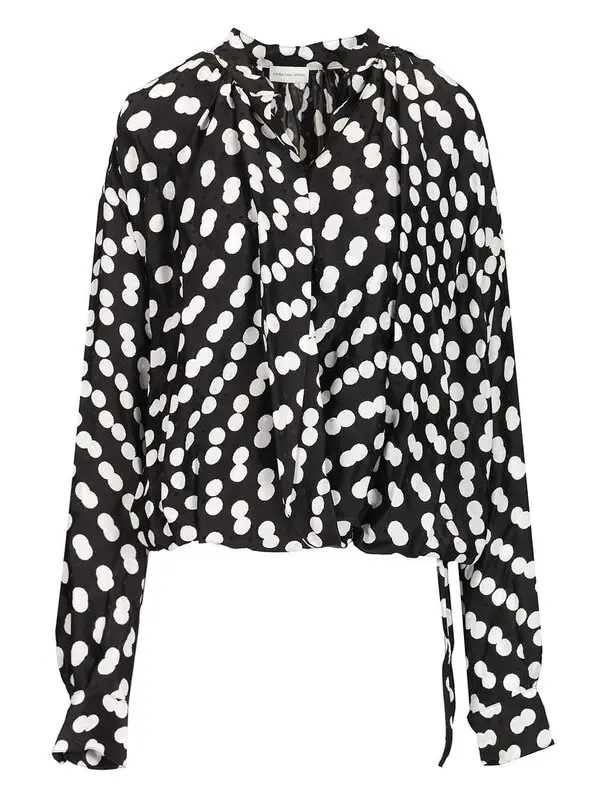 Dries Van Noten Polka Dot Jacquard Satin Draped Blouse - Black