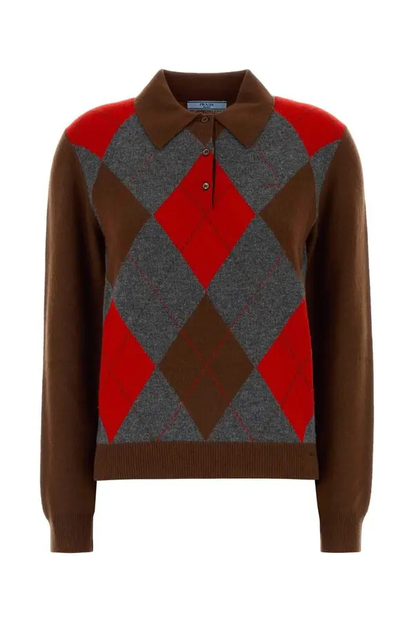 Prada Cashmere Argyle Polo Shirt - Brown