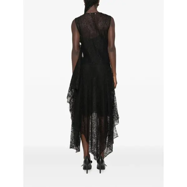 Fendi Floral Lace Sheer Finish V-neck Sleeveless Asymmetric Hem Draped Silk Dress