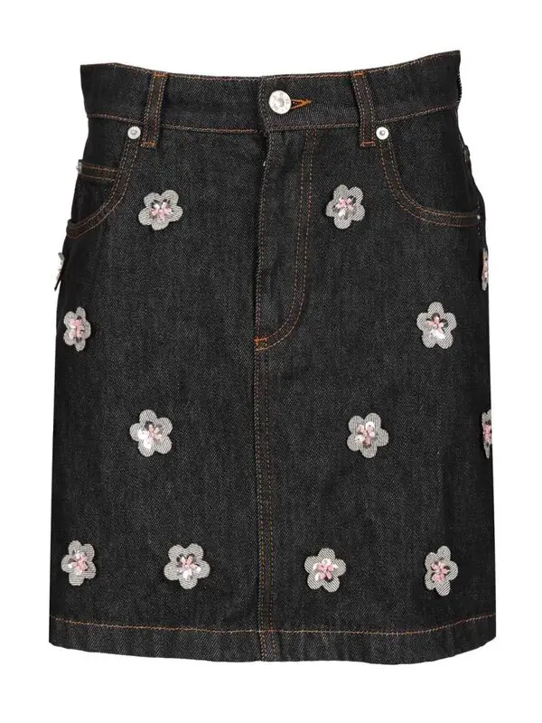 Marni Stonewashed Denim Daisy Applique Miniskirt - Blue