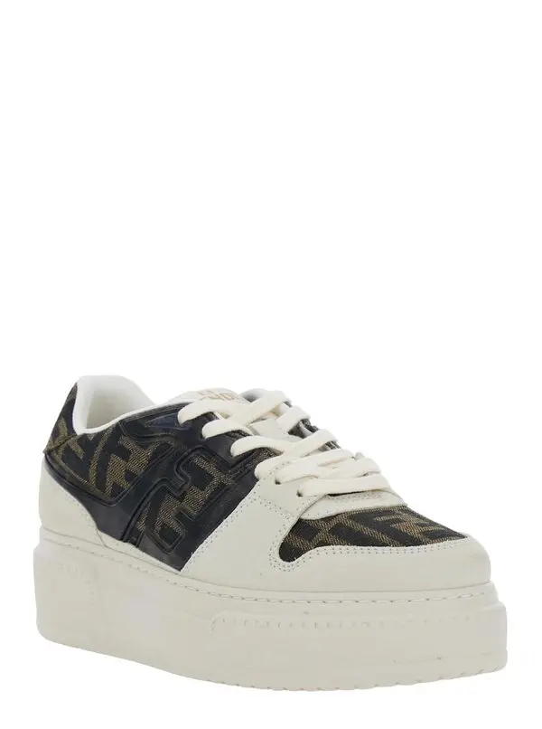 Fendi Sneaker Match' With Ff Application And Platform In Brown Leather And Canvas For - Multicolor