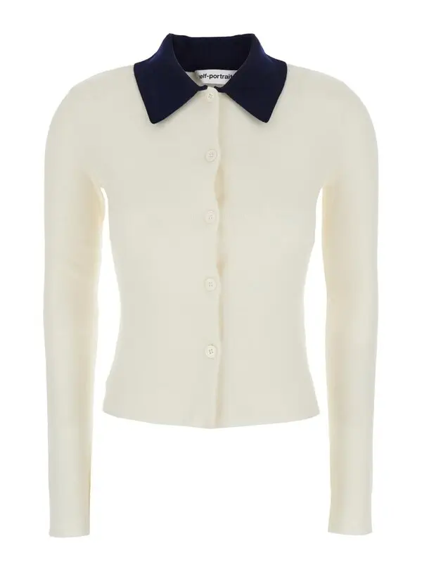 SELF-PORTRAIT White Cropped Cardigan With Contrasting Collar And Tonal Button Closure In Wool - Multicolor