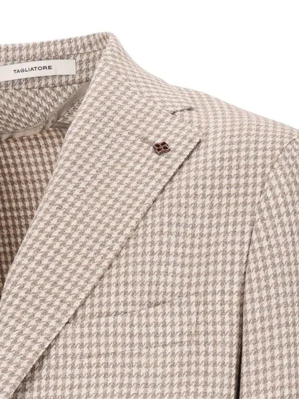 Tagliatore Houndstooth Blazer In Wool And Silk - Cream