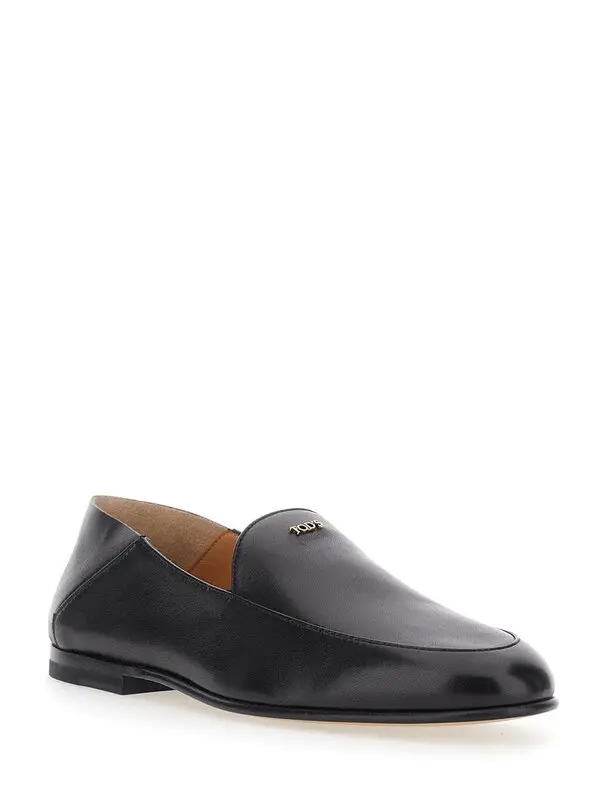 TOD'S Black Loafers With Logo Lettering Plate On The Front In Smooth Leather For - Multicolor