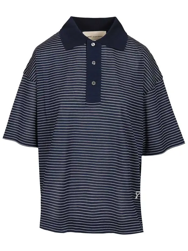 AMI Paris Striped Boxy Fit Polo With De Coeur Patch - Blu
