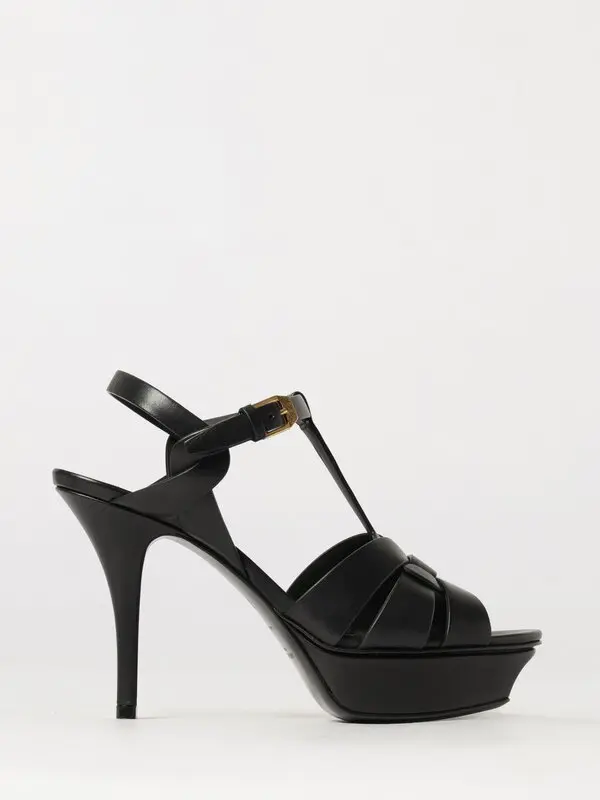 Saint Laurent Calfskin Leather Platform Sandals With High Stiletto Heel - Black