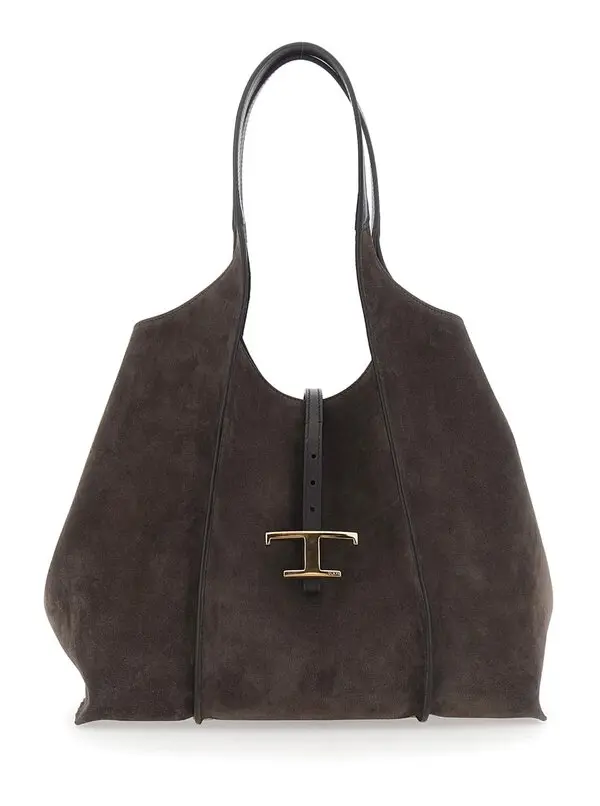 TOD'S Brown Shoulder Bag With Two Top Handles And T Plaque On The Front In Suede For - Multicolor
