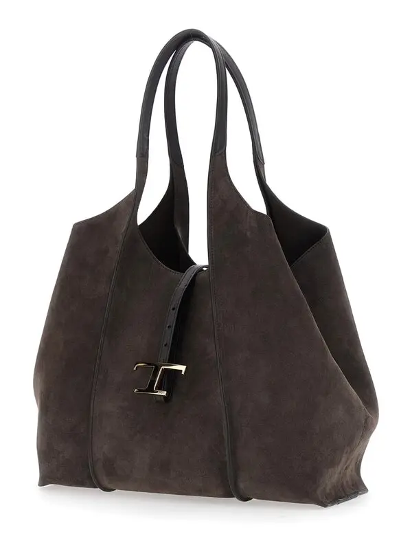 TOD'S Brown Shoulder Bag With Two Top Handles And T Plaque On The Front In Suede For - Multicolor