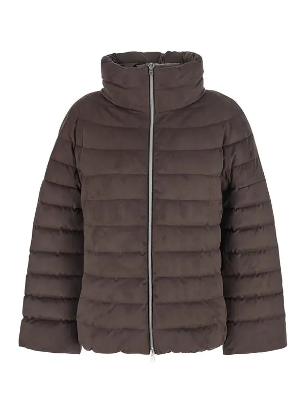 Herno Brown Down Jacket With High Collar And Design In Faux Suede In Fabric For - Multicolor