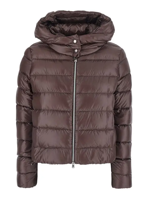 Herno Short Down Jacket With Hood And Metal Plate On The Back In Tech Fabric - Brown
