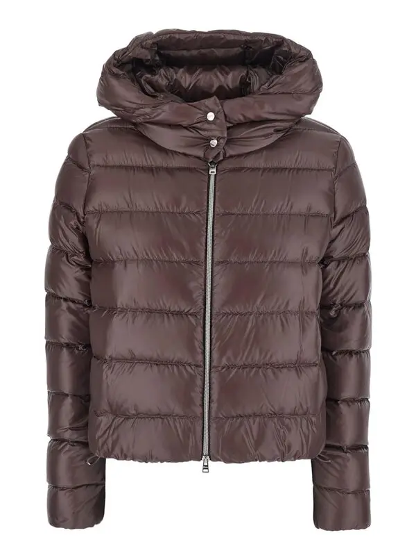 Herno Short Down Jacket With Hood And Metal Plate On The Back In Tech Fabric - Brown