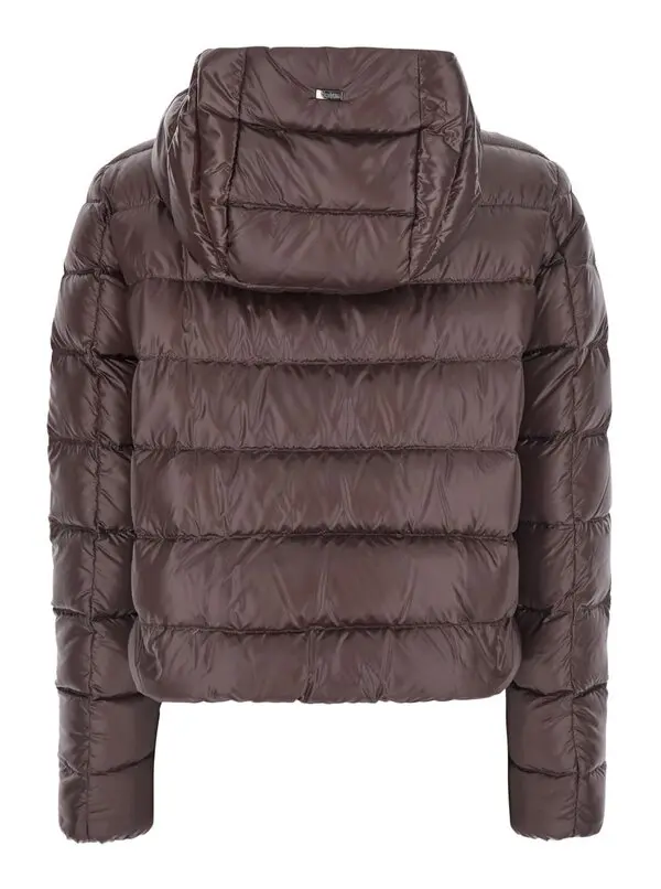 Herno Short Down Jacket With Hood And Metal Plate On The Back In Tech Fabric - Brown