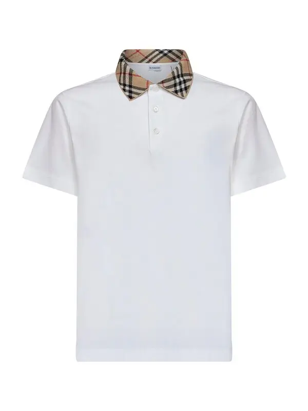 Burberry Chalk White Cotton Pique Polo Shirt With Check Collar - Multicolor