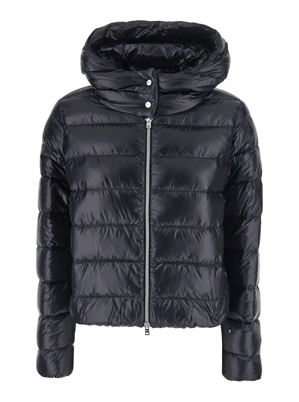 Herno Short Down Jacket With Hood And Metal Plate On The Back In Tech Fabric - Black