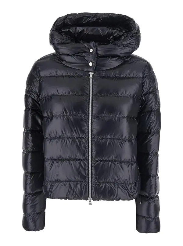 Herno Short Down Jacket With Hood And Metal Plate On The Back In Tech Fabric - Black