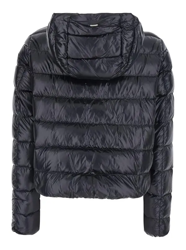 Herno Short Down Jacket With Hood And Metal Plate On The Back In Tech Fabric - Black