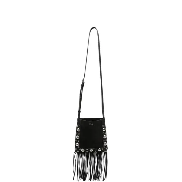 Valentino Garavani Suede Shoulder Bag With Silver-tone Studs And Fringe - Black