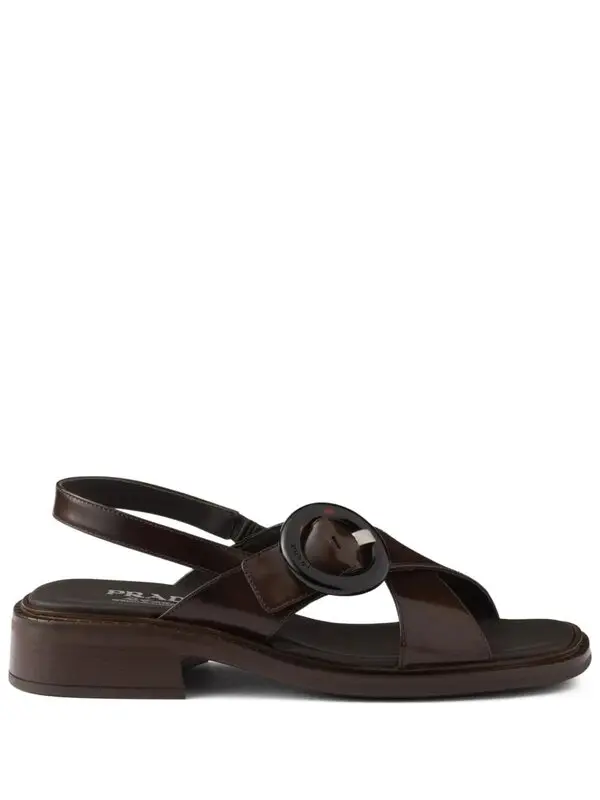 Prada Brushed Leather Crisscross Band Sandals With Plexiglas Buckle - Brown