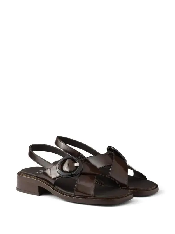 Prada Brushed Leather Crisscross Band Sandals With Plexiglas Buckle - Brown