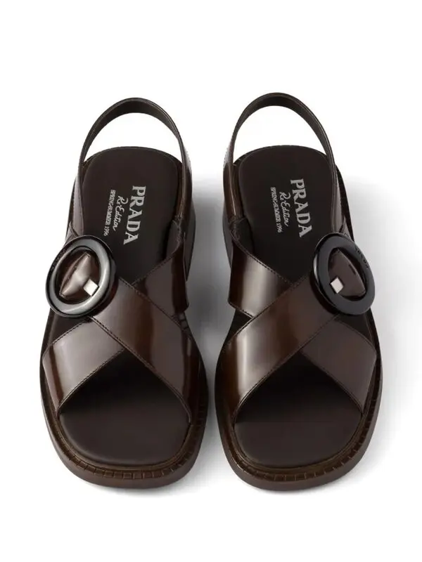 Prada Brushed Leather Crisscross Band Sandals With Plexiglas Buckle - Brown