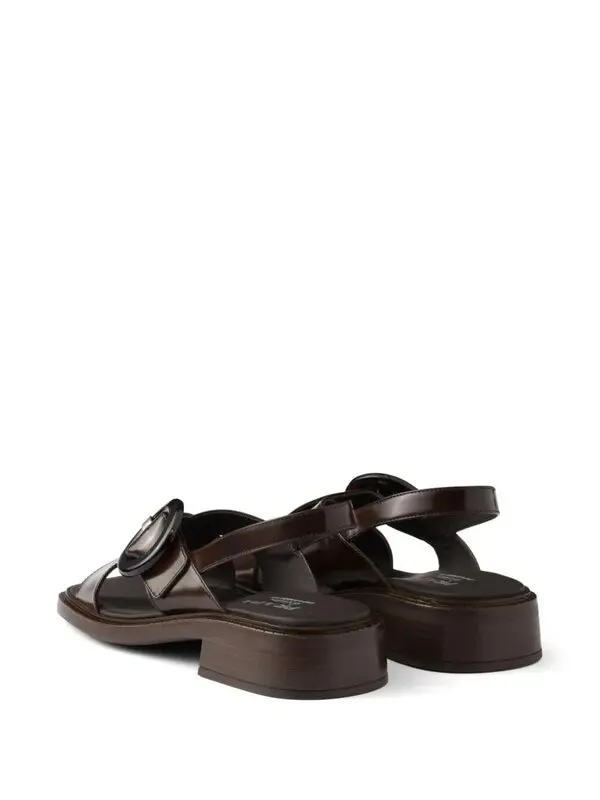 Prada Brushed Leather Crisscross Band Sandals With Plexiglas Buckle - Brown