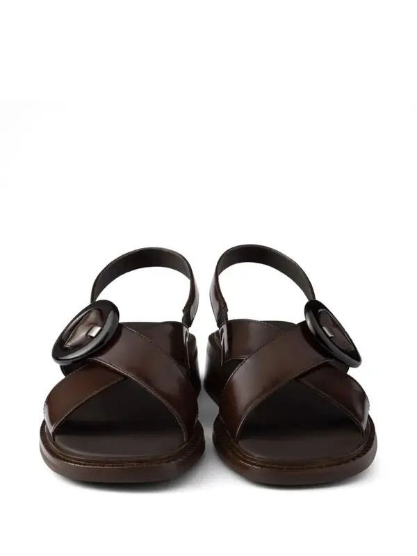 Prada Brushed Leather Crisscross Band Sandals With Plexiglas Buckle - Brown