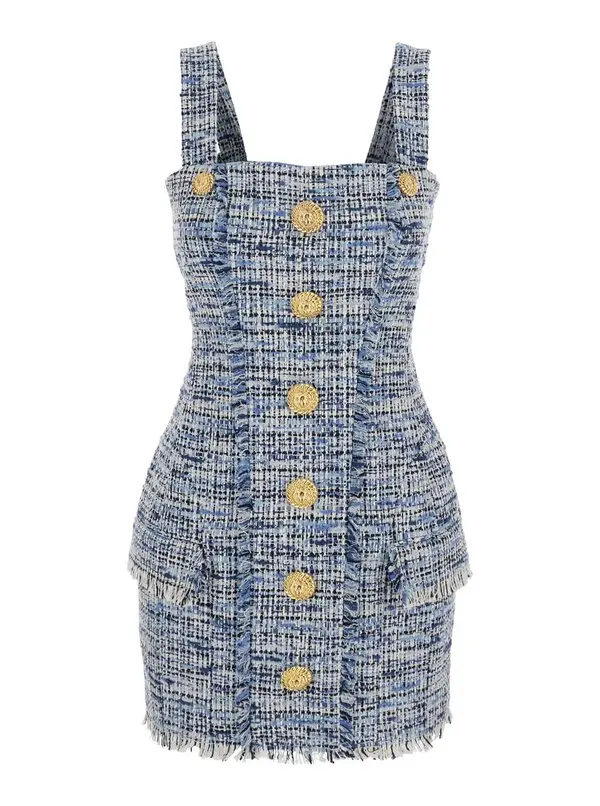 Balmain Blue Dress With Frayed Details In Tweed - Multicolor