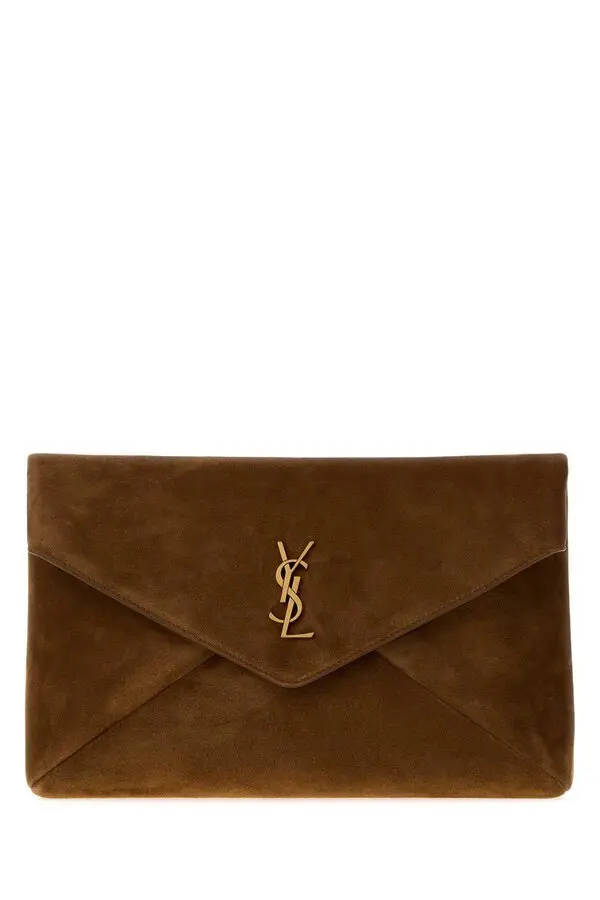 Saint Laurent Suede Large Envelope Clutch - Brown