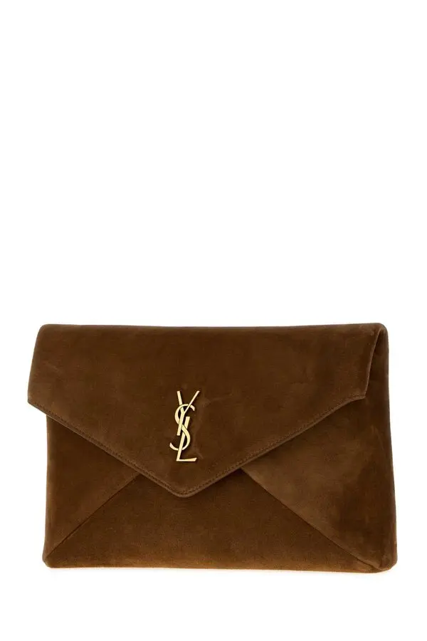 Saint Laurent Suede Large Envelope Clutch - Brown