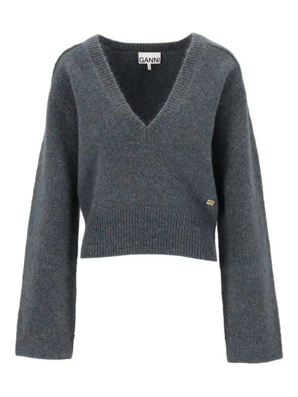 GANNI Melange Mohair V-neck Sweater - Blue