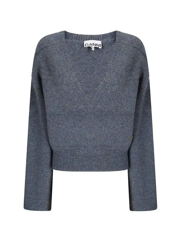 GANNI Melange Mohair V-neck Sweater - Blue