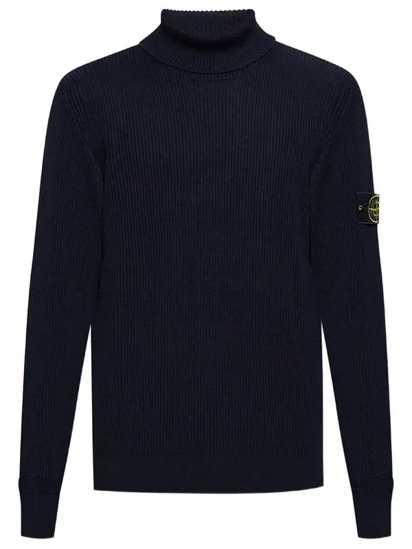 Stone Island Wool Turtleneck Sweater In Full Ribs - Blue