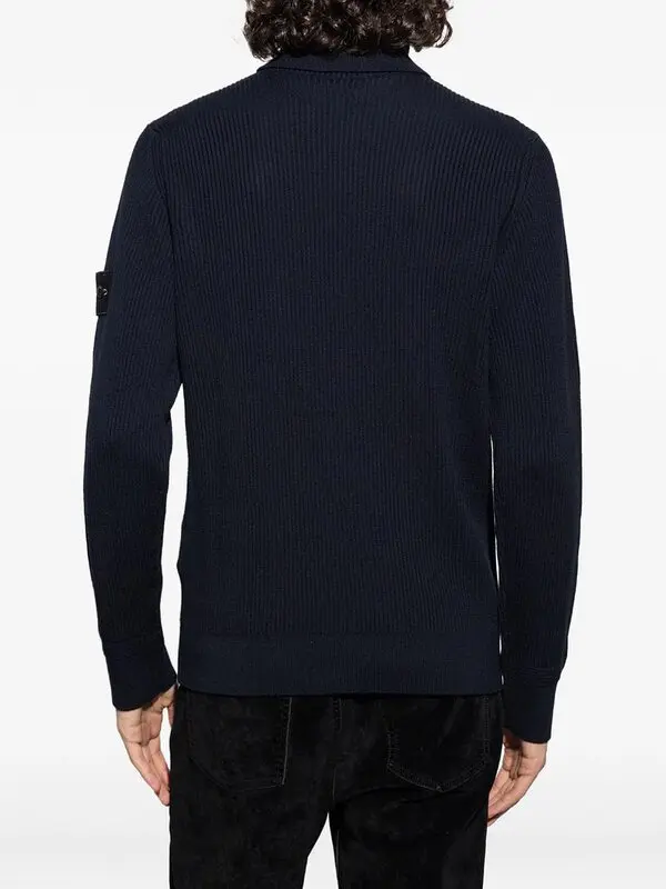 Stone Island Wool Turtleneck Sweater In Full Ribs - Blue