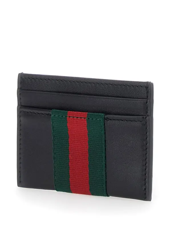 Gucci Black Card Holder With Web Detail In Leather For
