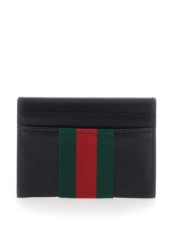 Gucci Black Card Holder With Web Detail In Leather For