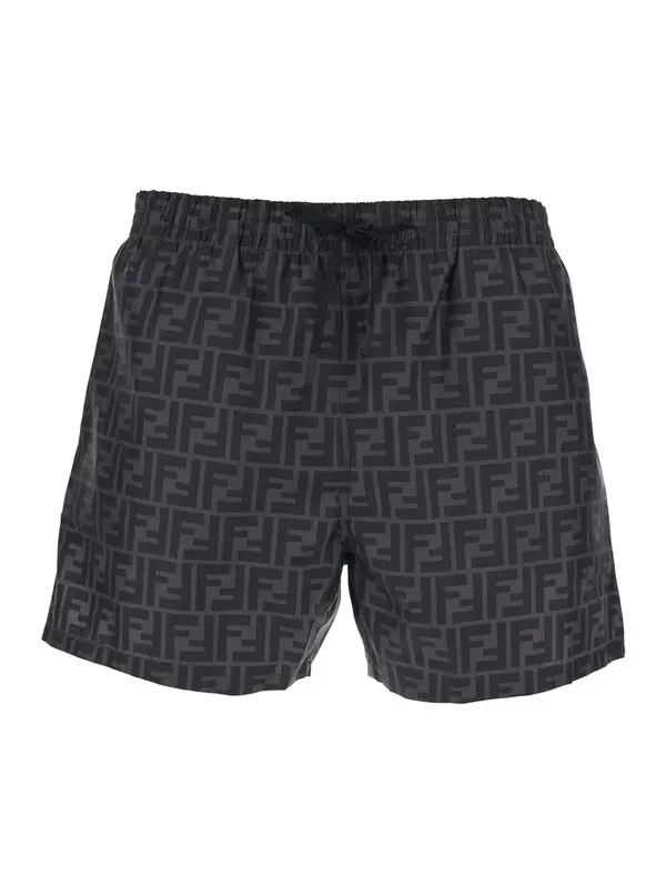 Fendi Swim Shorts With Elasticated Waist And Drawstring And Ff Motif All-over In Tech Fabric - Gray