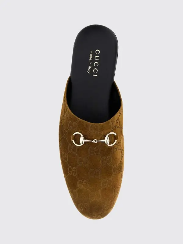 Gucci Flat Suede Mules With Gg Monogram And Horsebit - Brown