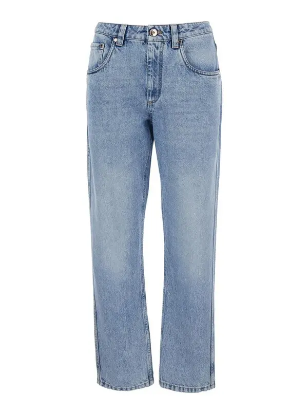 Brunello Cucinelli Blue Jeans With Logo Patch On The Back And Monil Detail On The Pocket In Denim For - Multicolor