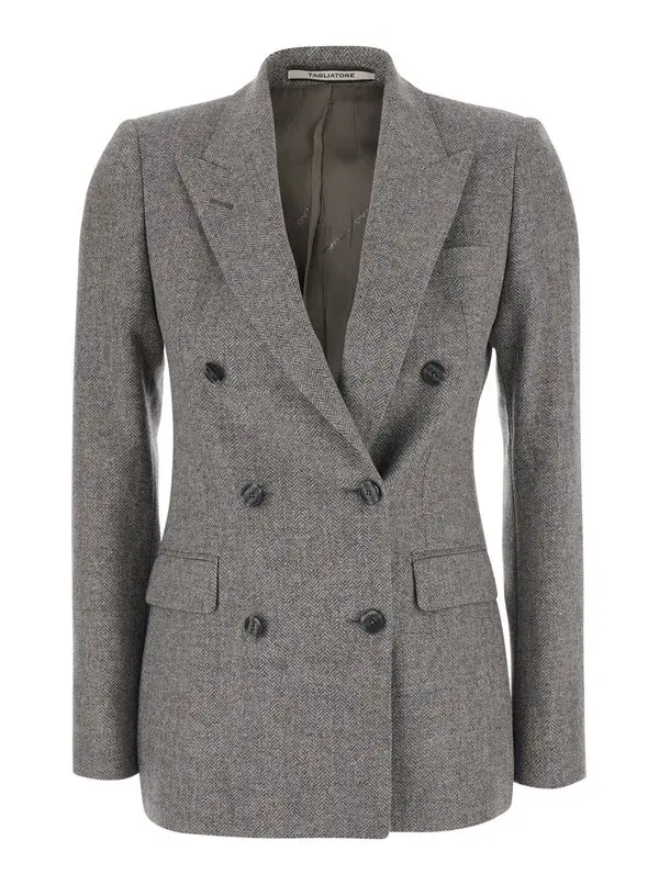 Tagliatore Grey Double-breasted Jacket With Peak Revers In Wool For