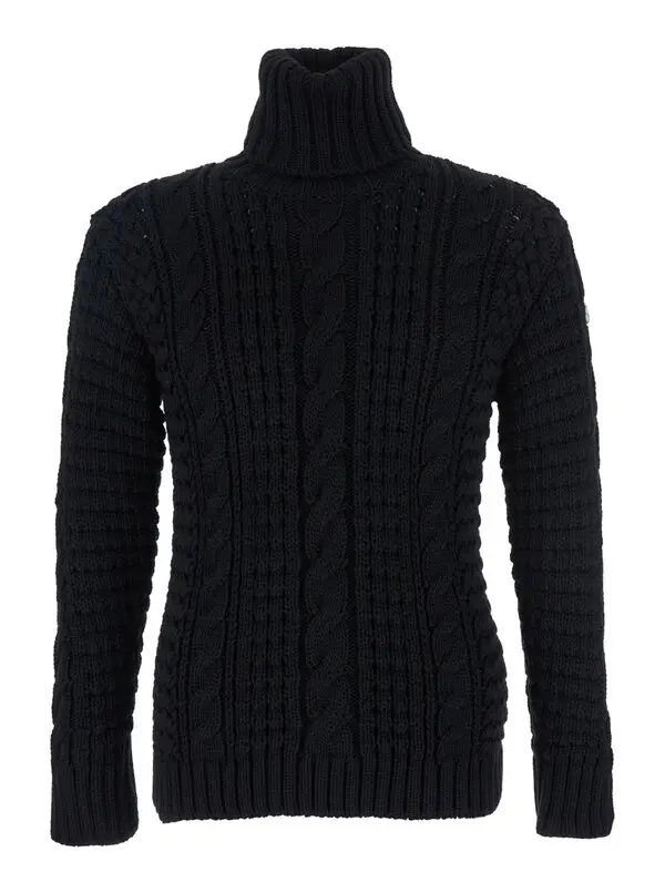 Moncler Black Turtleneck Jumper With Cable Knit And Logo Patch On The Sleeve In Merino Wool - Multicolor