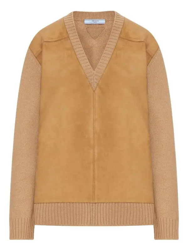 Prada Suede-panel V-neck Wool Sweater