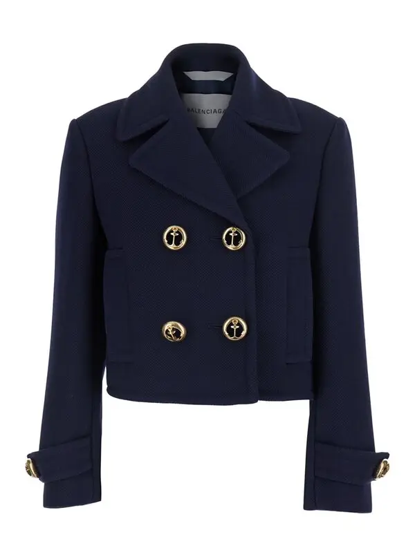 Balenciaga Blue Cropped Jacket With Wide Notched Revers And Halfbelt In Wool For - Multicolor