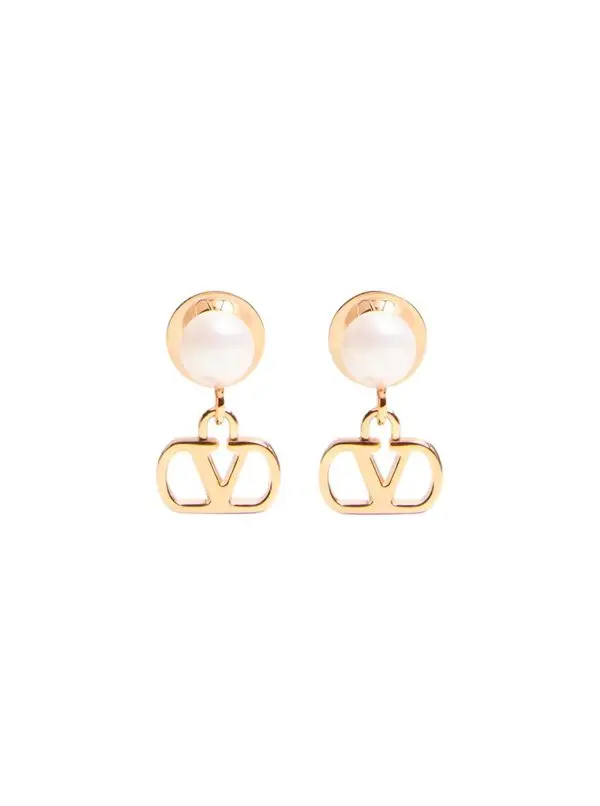 Valentino Garavani Metallic Colore Earrings With Pearls And Vlogo Pendants In Bronze For - Silver