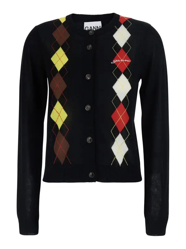 GANNI Crew Neck Cardigan With Argyle Motif On The Front In Cotton For - Black