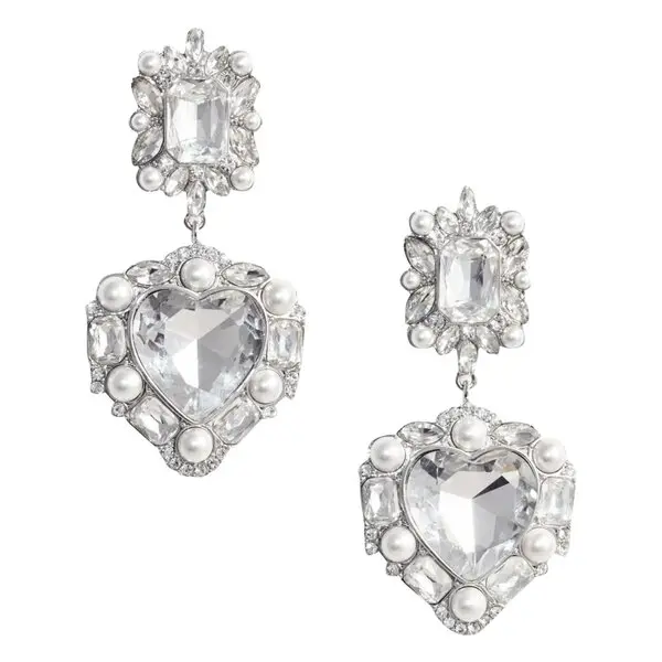 SELF-PORTRAIT Crystal Pearl Heart Earrings - Silver