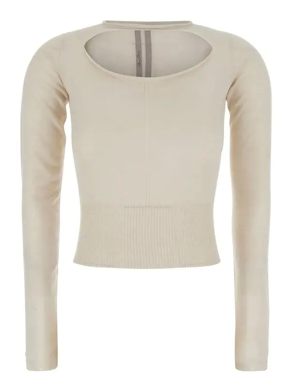 Rick Owens Beige Cropped Sweater With Front Cut-out And Ribbed Trims In Cashmere For - Multicolor