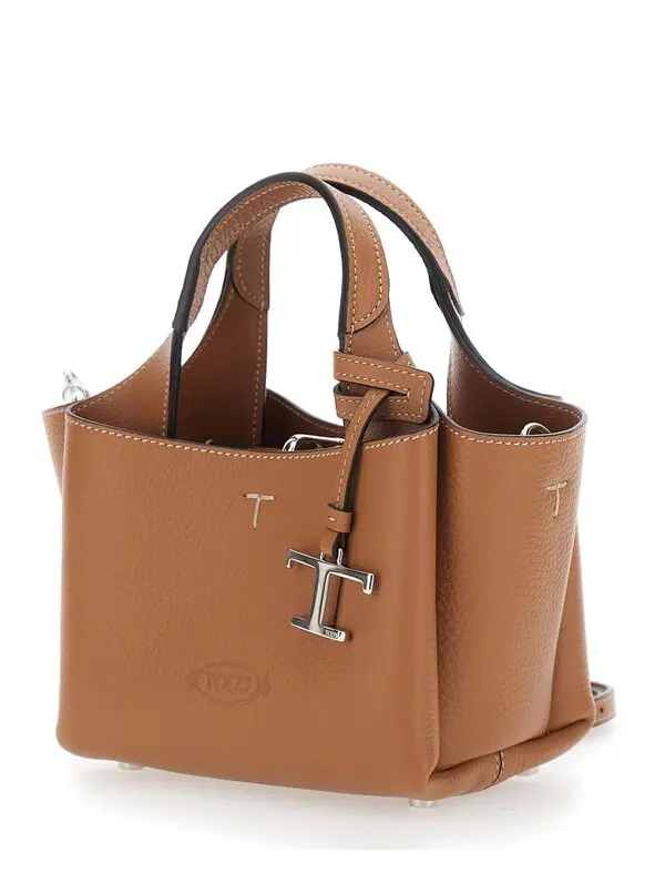 TOD'S Grained Leather Handbag With T Plaque Pendant - Brown