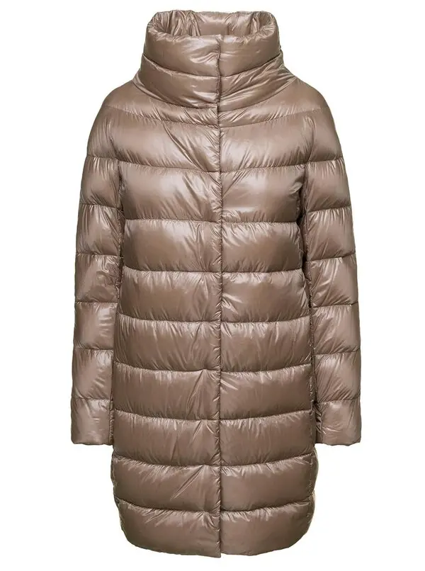 Herno Long Down Jacket With Funnel Neck And Tech Fabric Beige - Cream