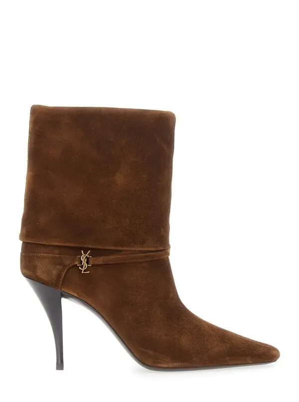 Saint Laurent Niki' Brown Ankle Strap Booties With Cassandre Charm In Suede For - Multicolor